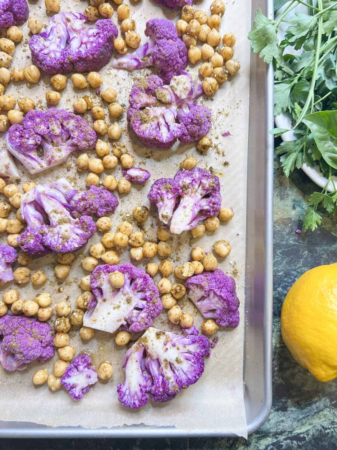 Roasted Purple Cauliflower with Crispy Chickpeas and Lemon Herb Tahini ...